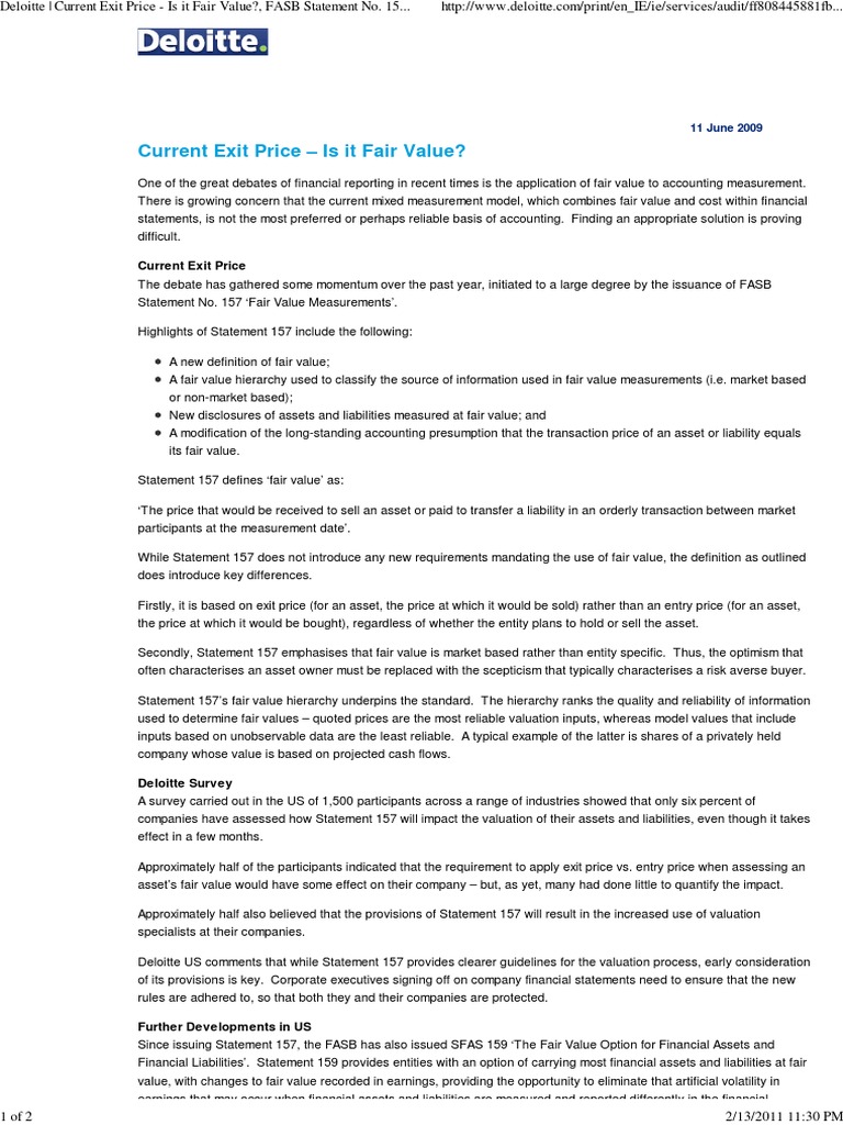 Current Exit Price - Is It Fair Value | PDF | Fair Value | Valuation ...