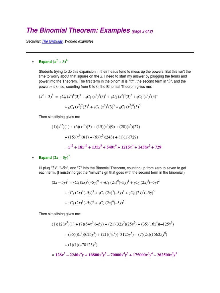 The Binomial Theorem: Examples: X X N C C C C C C C | PDF | Teaching ...