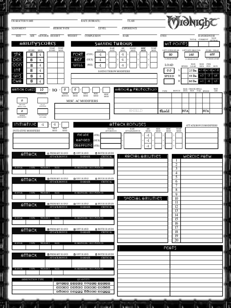 Midnight Character Sheet (FormFillable) | PDF | D20 System | Entertainment