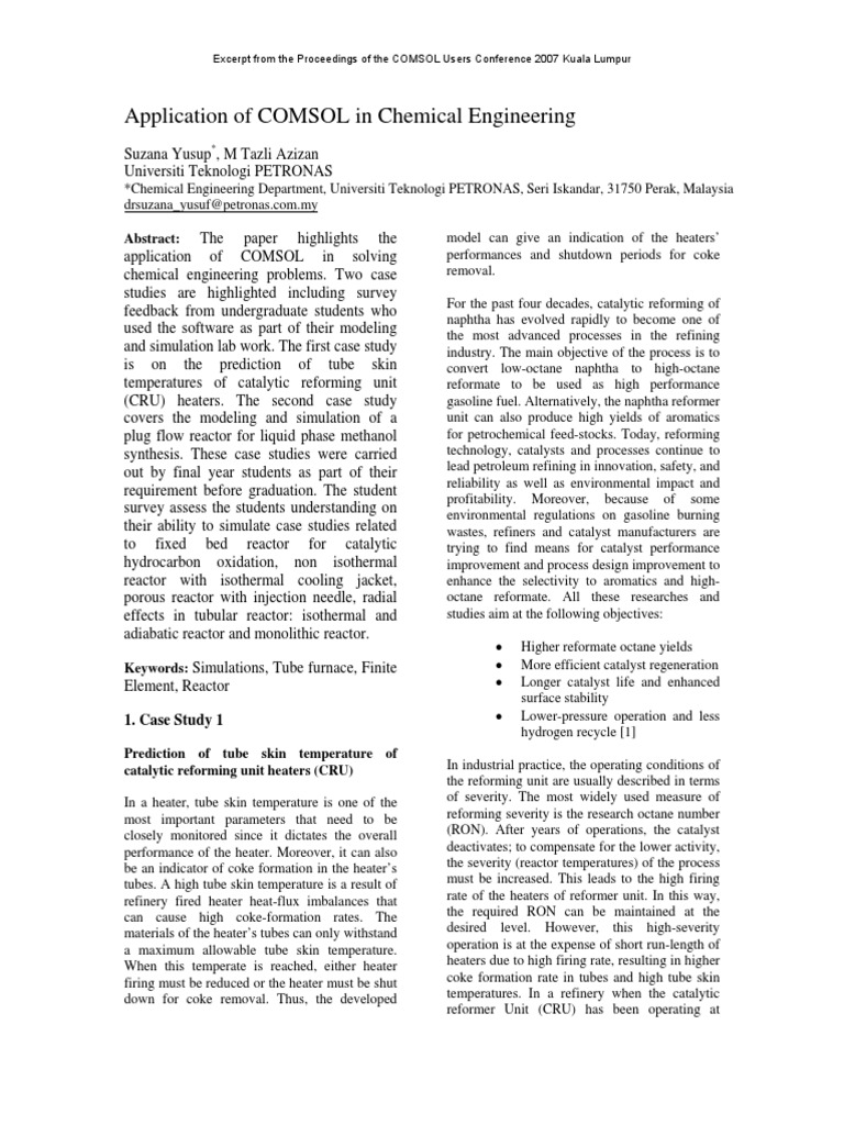 COMSOL Applications in Chemical Engineering | PDF | Methanol | Catalysis