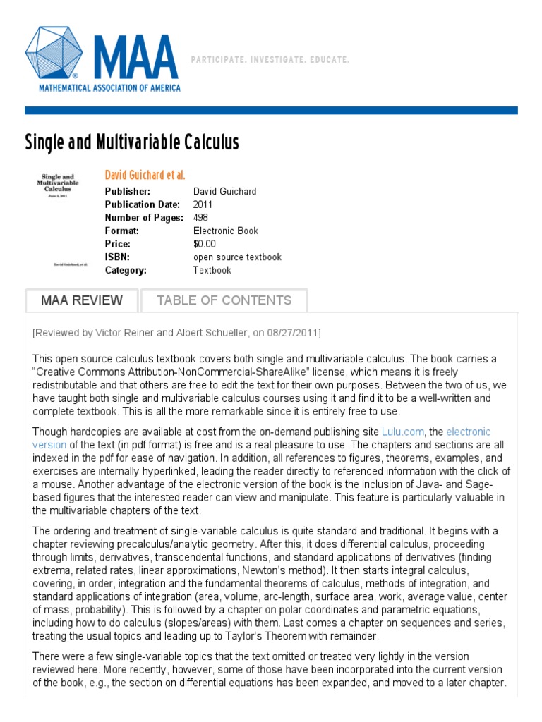 Single and Multivariable Calculus - Mathematical Association of America ...