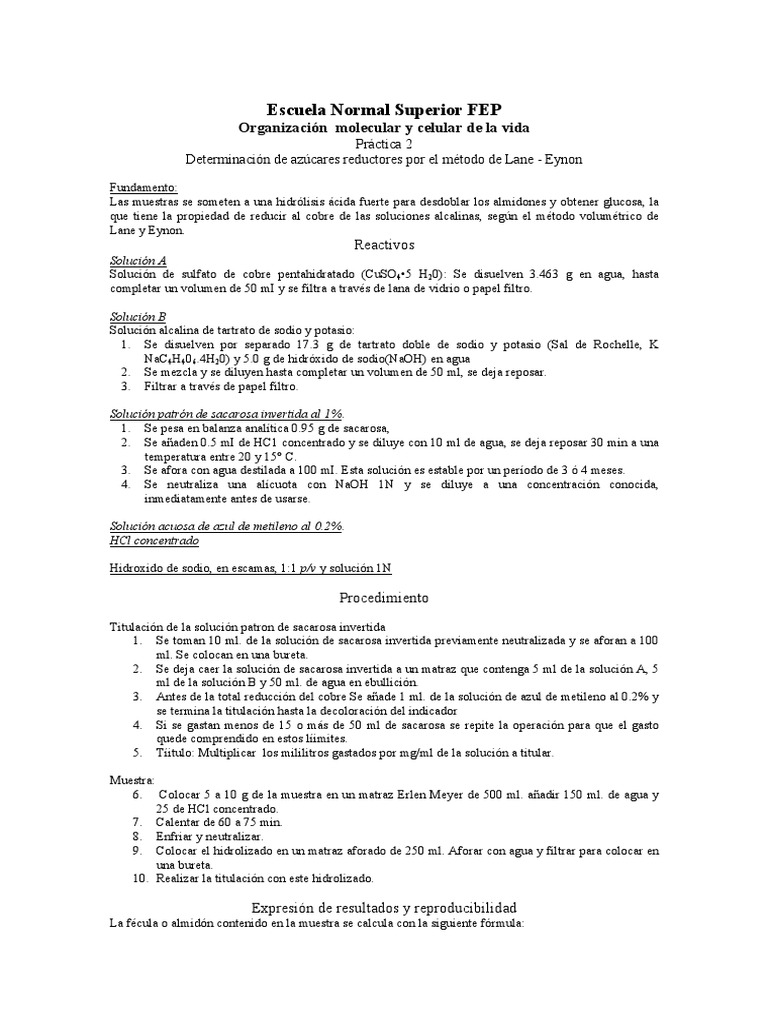 Practica 2 Determinacion Azucares Reductores Lane Eynon | PDF ...