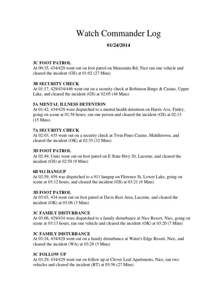 Watch Commander Incident Log Summary | PDF | Traffic | Land Transport
