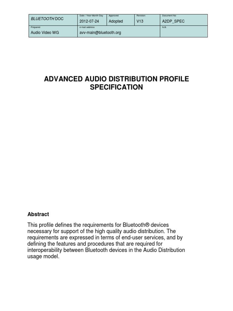 Advanced Audio Distribution Profile Specification | PDF | Codec | Bluetooth