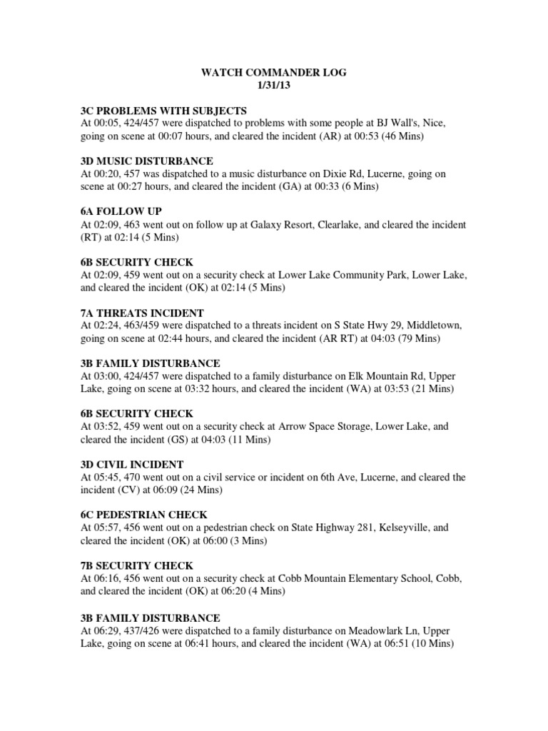Watch Commander Log 1/31/13 3C Problems With Subjects | PDF | Land ...