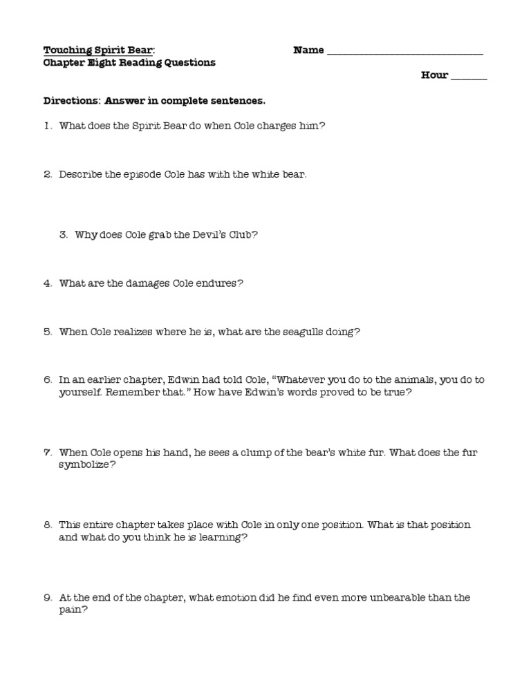 Touching Spirit Bear Chapter 8 Questions | PDF