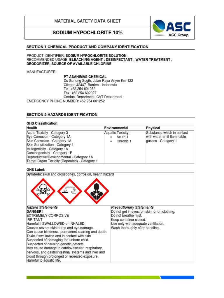 10% NaOCl MSDS.pdf | Toxicity | Personal Protective Equipment