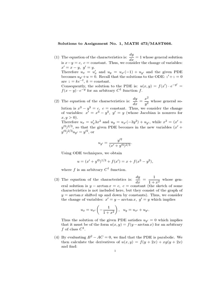 Partial Differential Equations Assignment #1 Solutions | Download Free PDF | Partial ...
