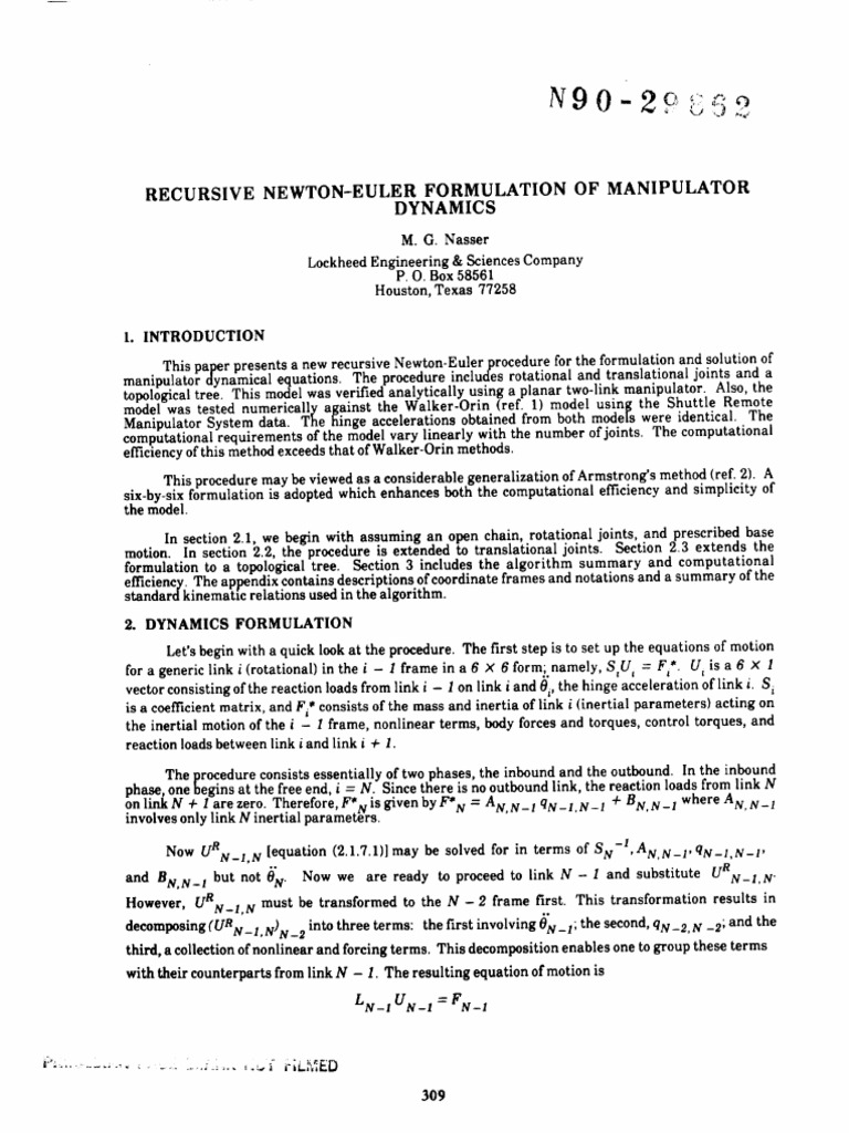 Recursive Newton-Euler Formulation Manipulator Dynamics | PDF ...