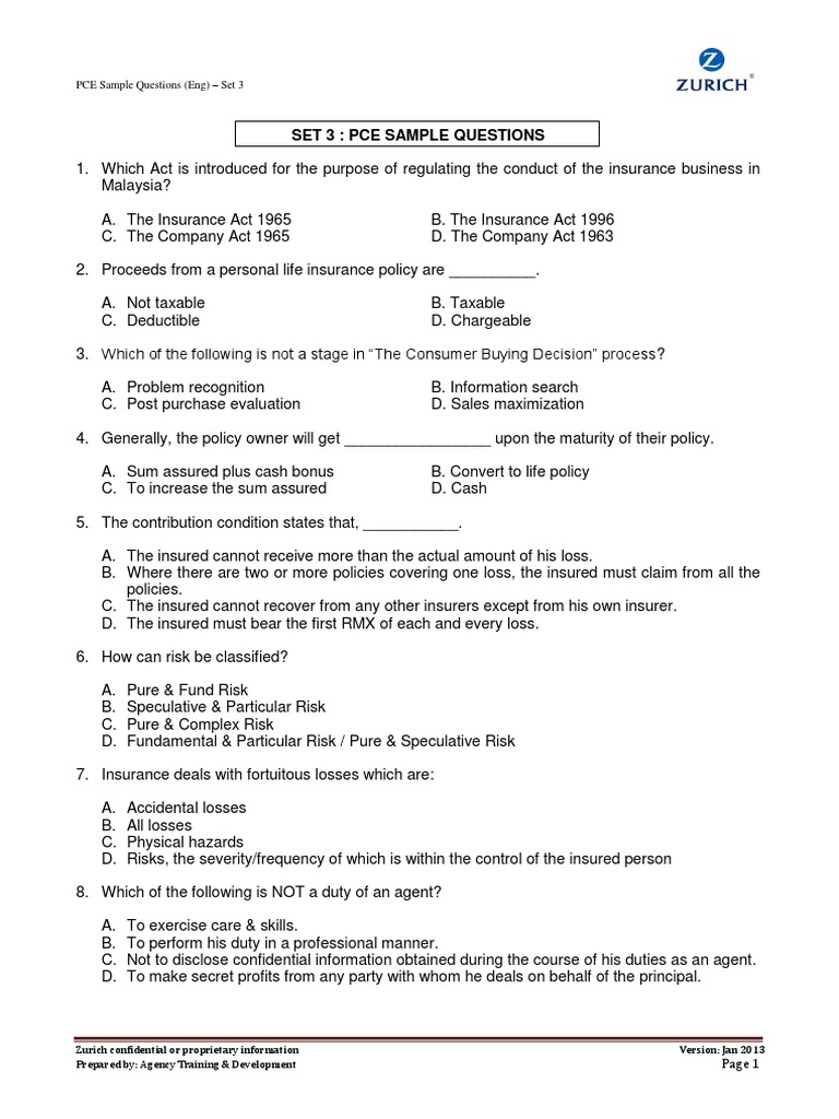 PCE Insurance Exam Sample Questions | PDF | Life Insurance | Insurance