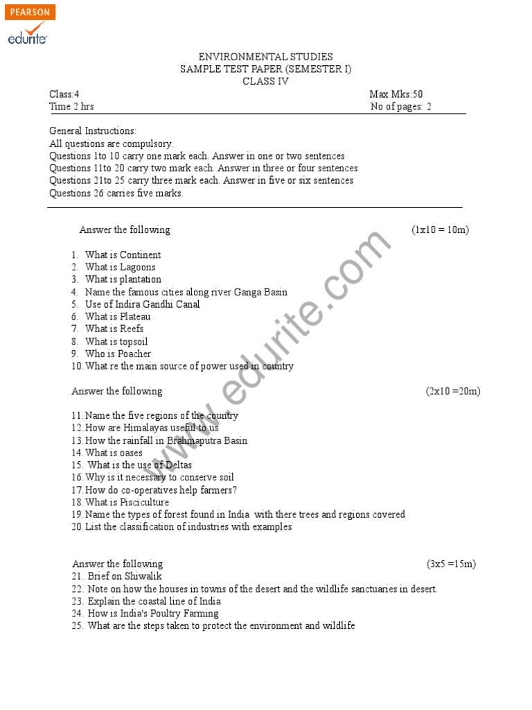 Class 4 Environment Studies Sample Paper Term 1 Model 1 | PDF | Natural ...