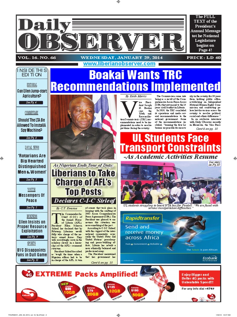 Liberian Daily Observer 01/30/2014 | PDF | Internal Audit | South Sudan