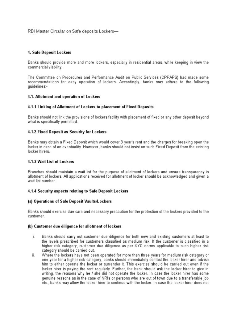 RBI Master Circular On Safe Deposits Lockers | PDF | Due Diligence ... RBI Master Circular On Safe Deposits Lockers | PDF | Due Diligence ...