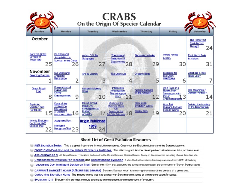Crabs Calendar - Numbers | PDF | Charles Darwin | Evolution
