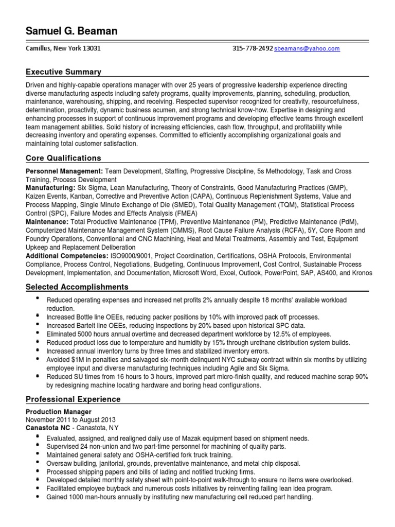 Plant Manager Manufacturing Operations in Syracuse NY Resume Samuel ...