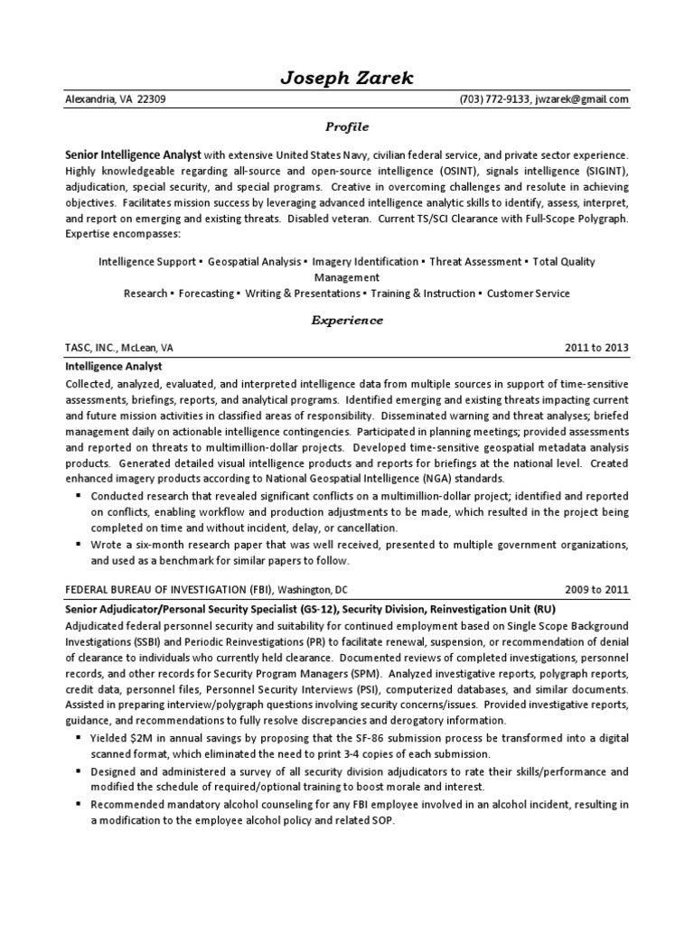 All Source Intelligence Analyst in Washington DC Resume Joseph Zarek ...