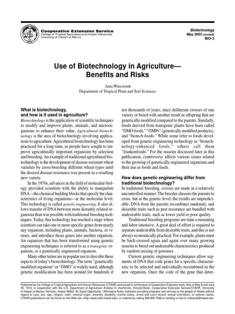Agricultural Biotechnology: Benefits & Risks | PDF | Biotechnology ...