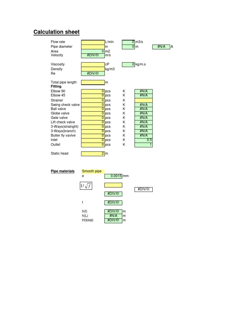 Pipe Flow and NPSH Calculation Sheet | PDF