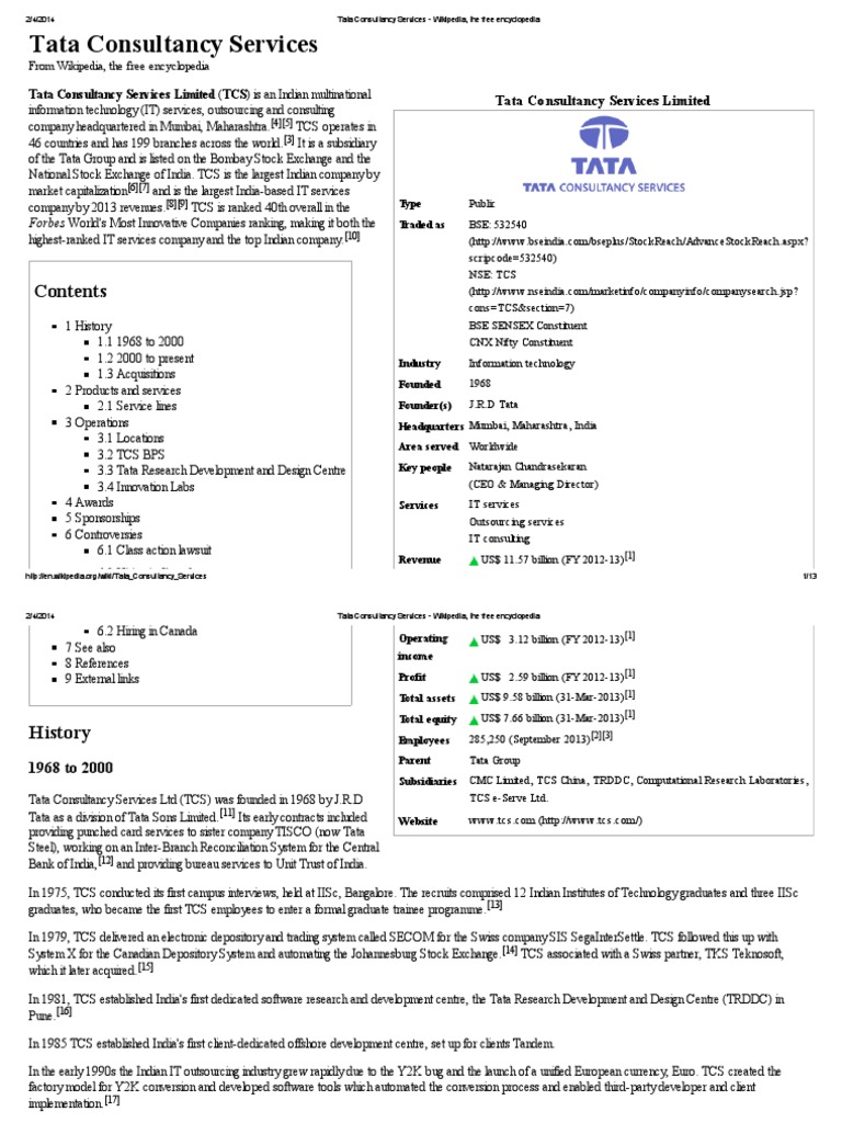 Tata Consultancy Services - Wikipedia, The Free Encyclopedia | PDF ...