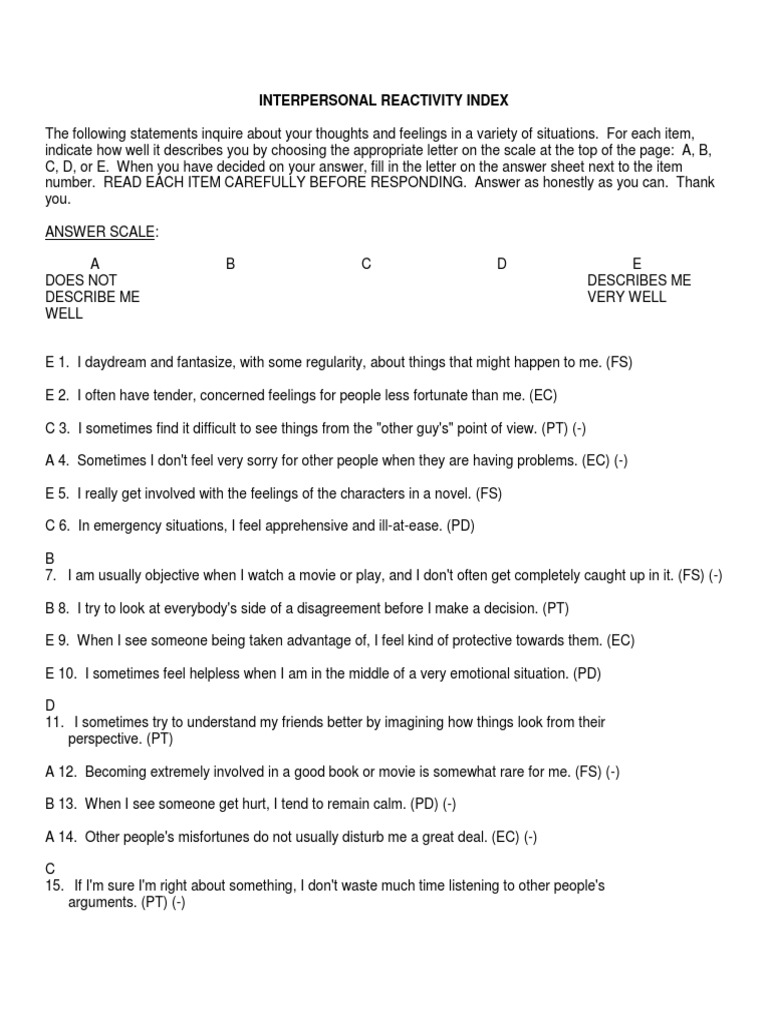 Interpersonal Reactivity Index & Scoring | PDF | Empathy ...