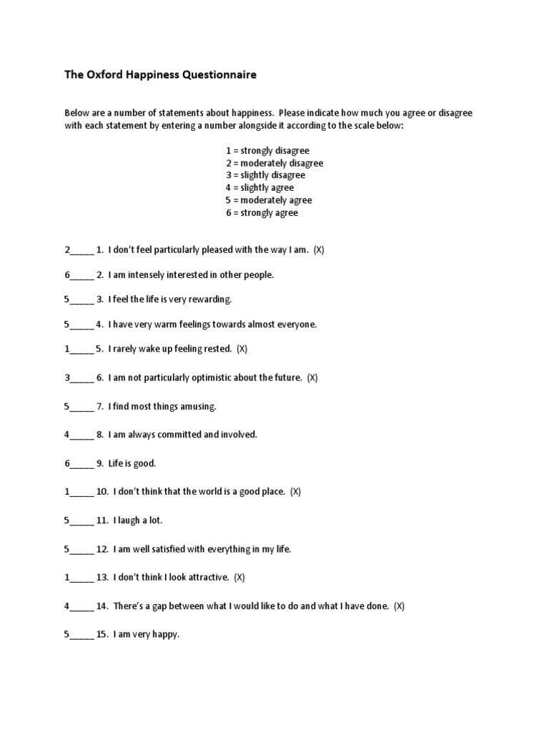 Oxford Happiness Questionnaire and Scoring | PDF | Happiness ...