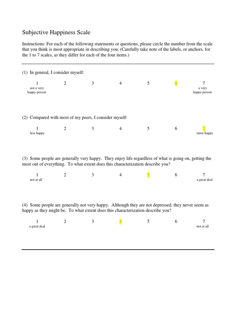 Subjective Happiness Scale & Scoring | PDF | Survey Methodology ...