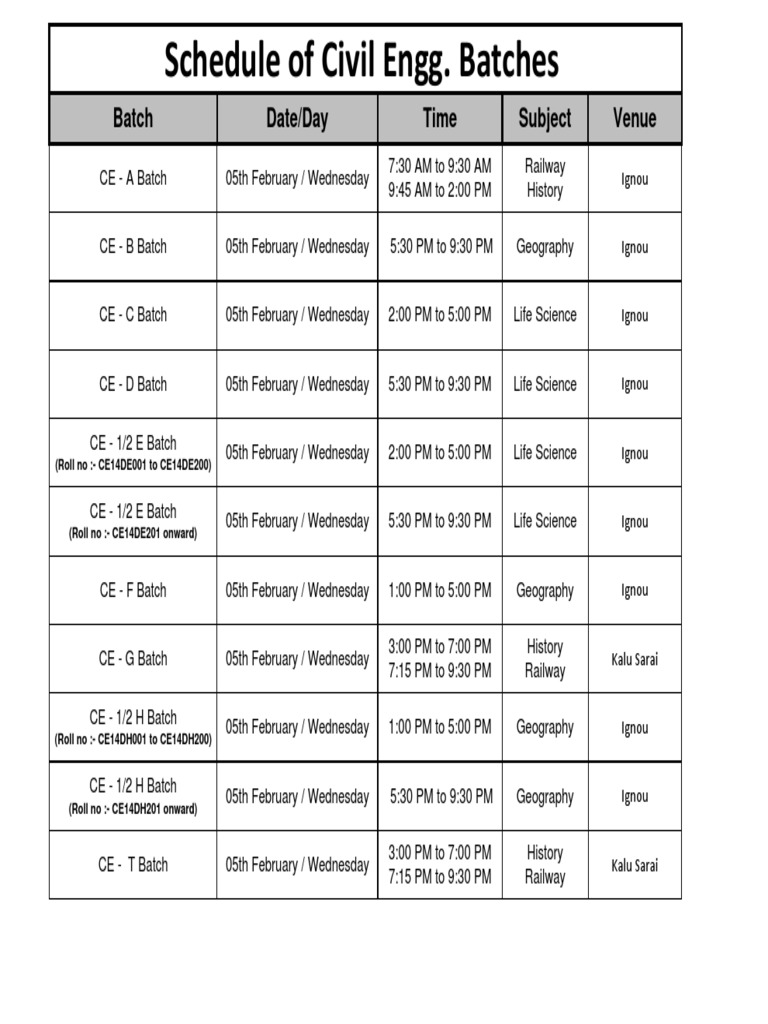 Civil Engineering Batch Schedule | PDF | Technology & Engineering
