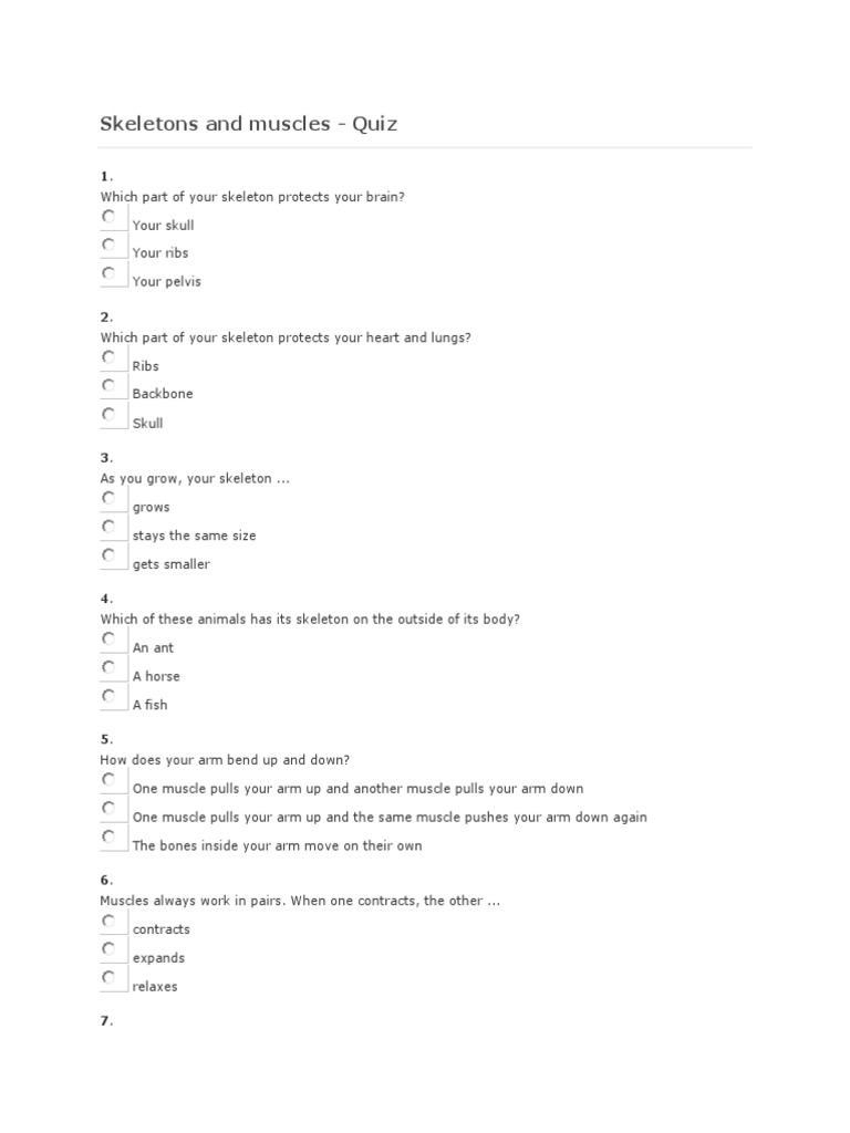 Skeletons and Muscles - Quiz | PDF