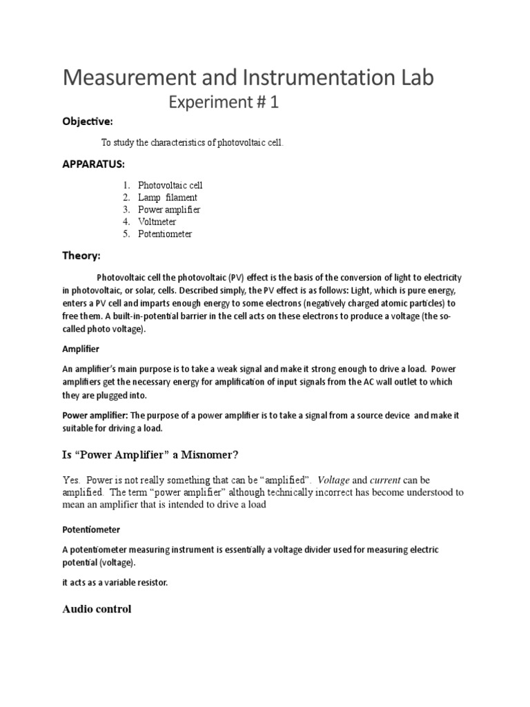 Measurement and Instrumentation Lab: Experiment # 1 | PDF | Amplifier ...