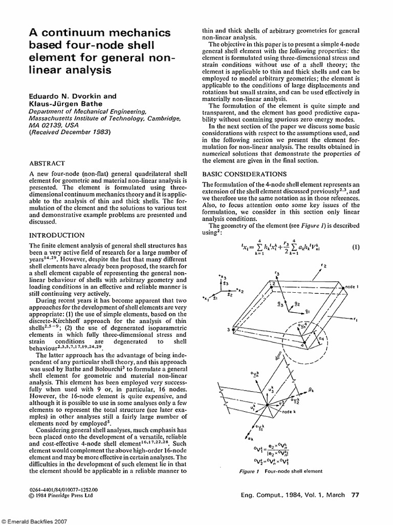 A Continuum Mechanics Based Four Node Shell Element - Dvorkin & Bathe ...