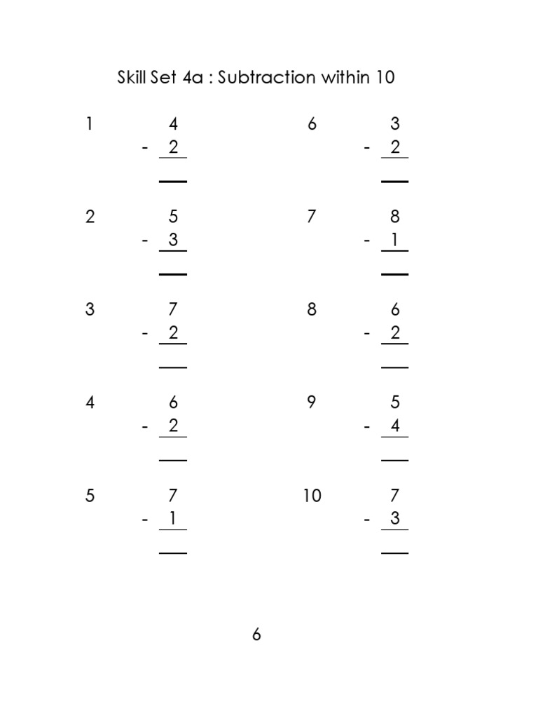 Skill Set 4a: Subtraction Within 10 | PDF