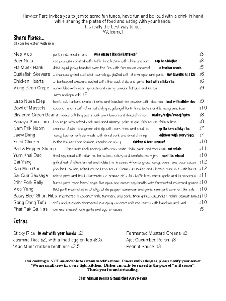 Hawker Fare Dinner Menu - February 2014 | PDF | Thai Cuisine ...