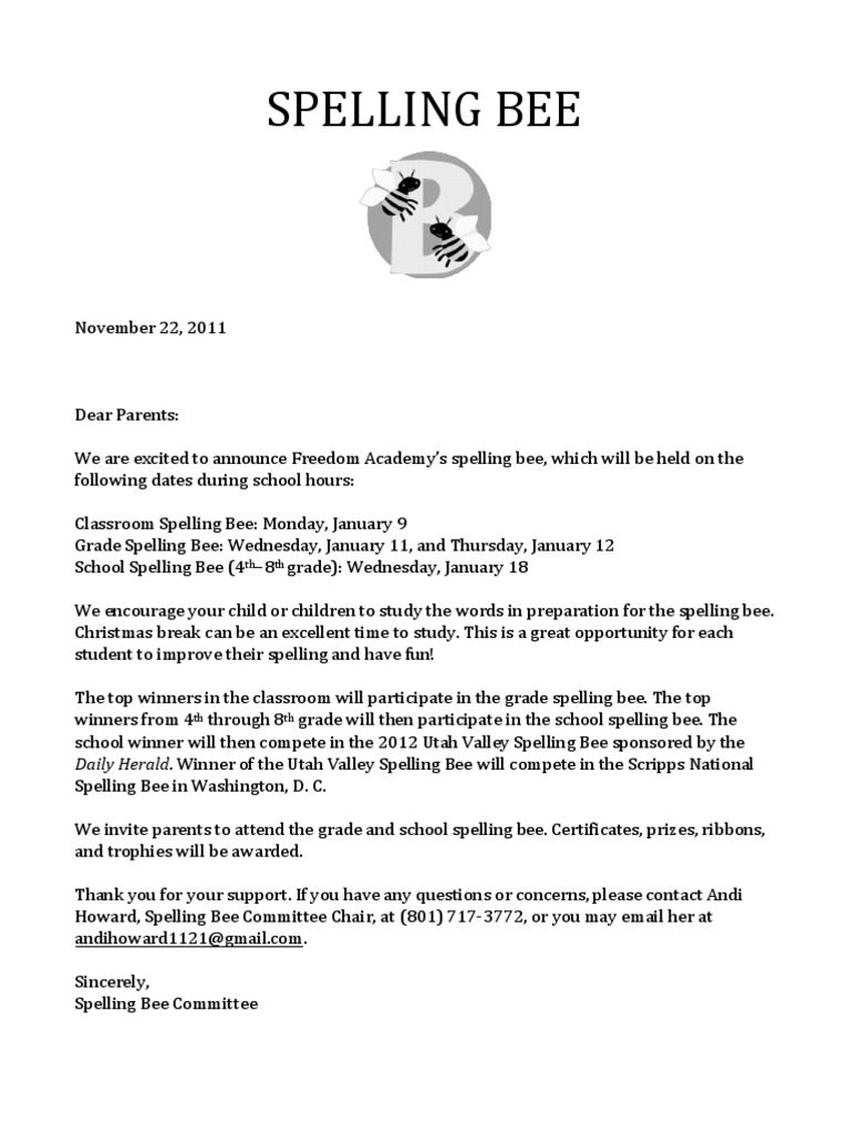 2012 Spelling Bee Parent Letter, Rules, and Lists | PDF