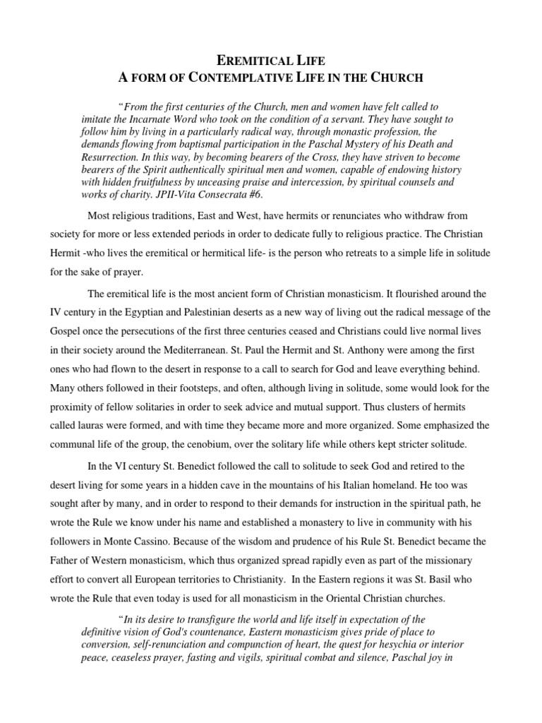 Eremitical Life | Hermit | Catholic Church