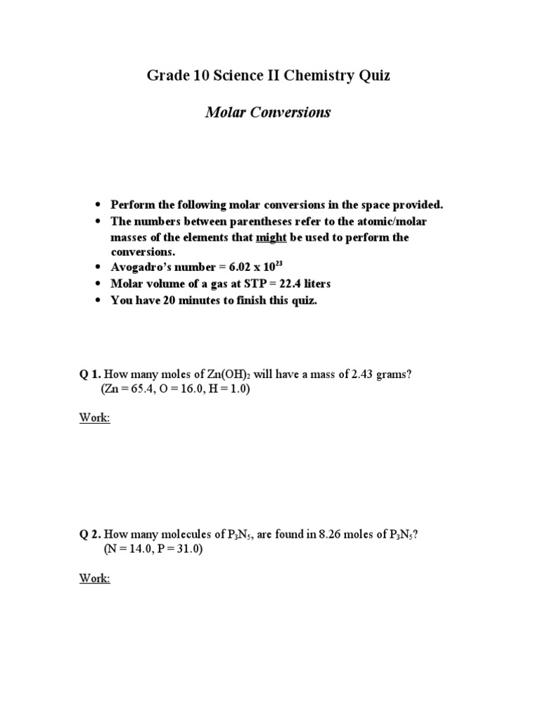 Grade 10 Chemistry Molar Conversions Quiz | PDF | Foreign Language ...