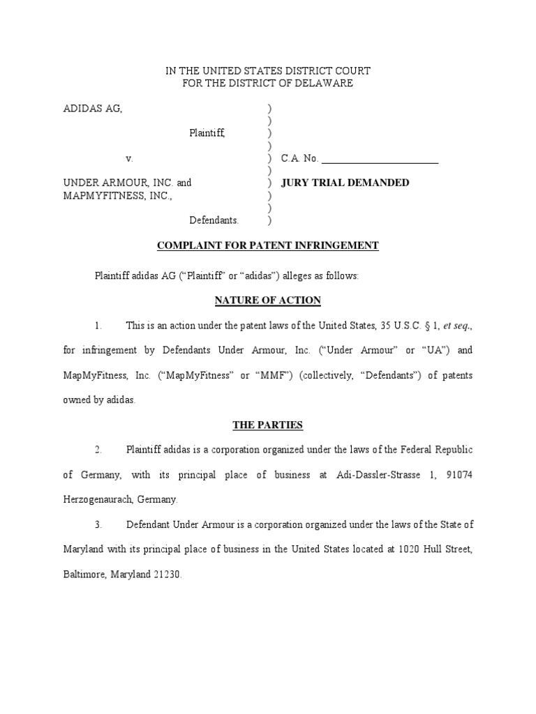 Adidas v. Under Armour Et. Al. | PDF | Patent Infringement | Title 35 ...