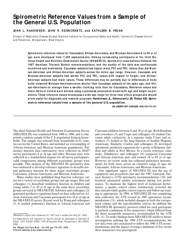 Spirometric Reference Values From A Sample Of The General U S Population Pdf Errors And
