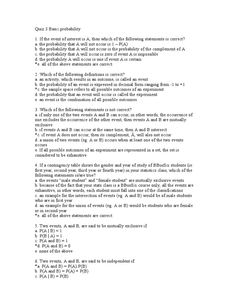 Basic Probability Quiz | PDF | Probability And Statistics | Statistics