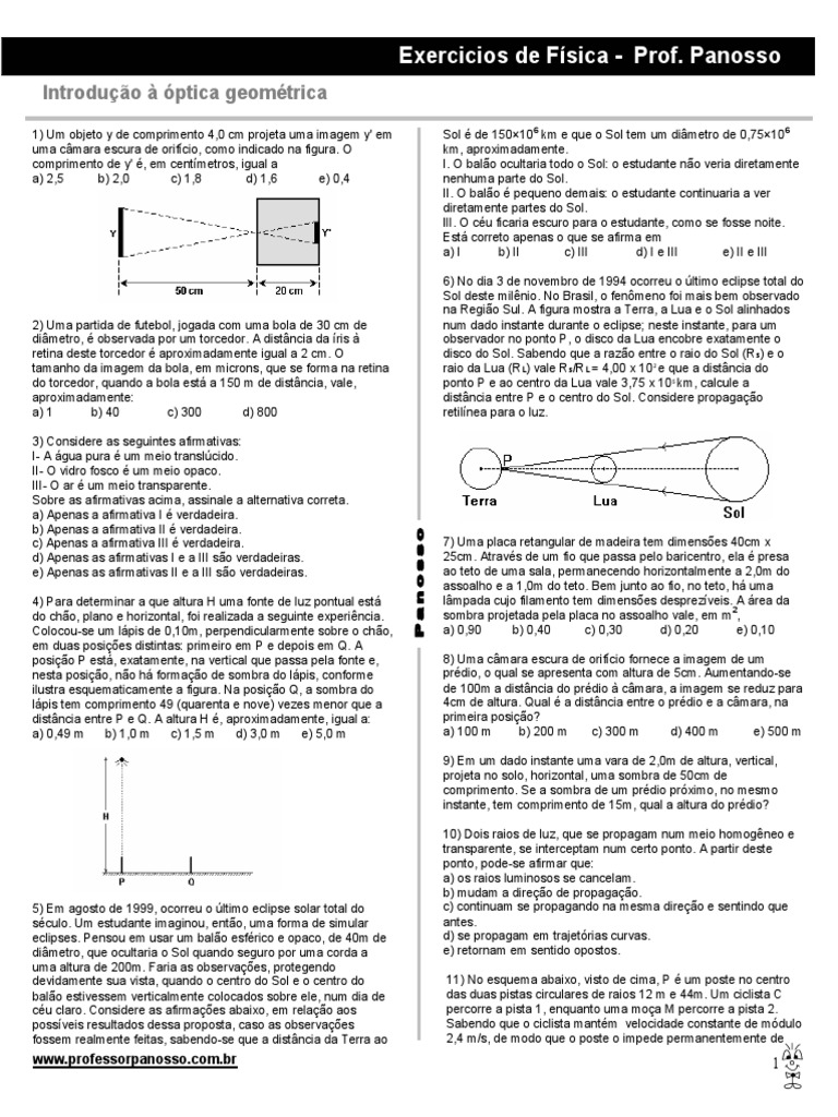 Exercícios de Óptica Geométrica | PDF | Eclipse | Sol