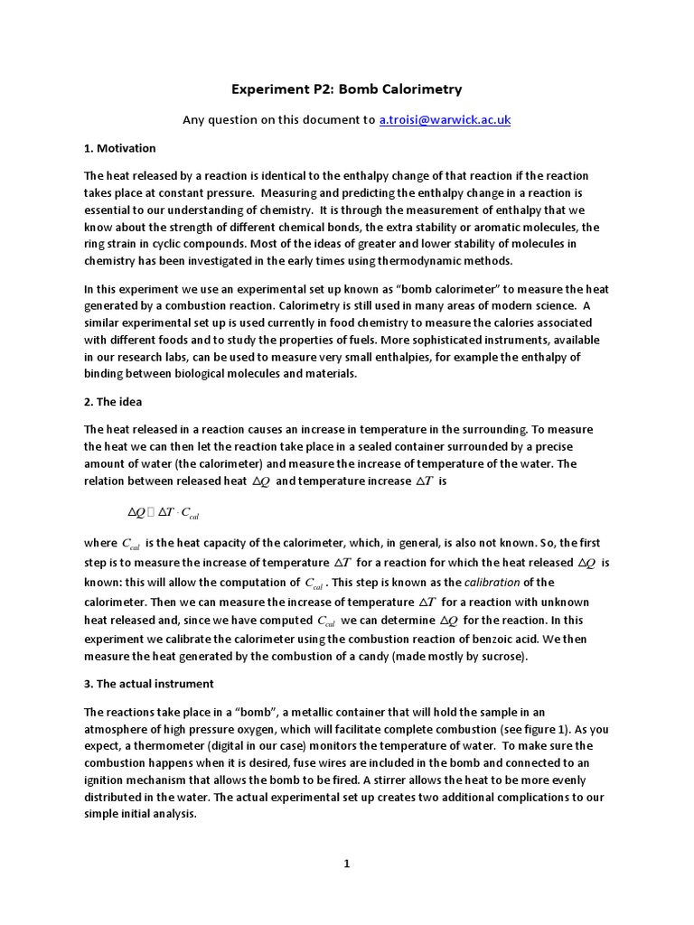 Experiment P2: Bomb Calorimetry: Any Question On This Document To | PDF ...