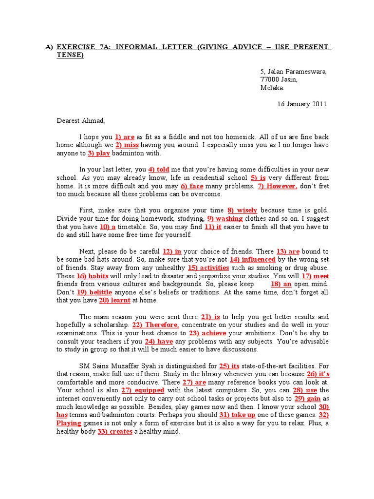 A) Exercise 7A: Informal Letter (Giving Advice - Use Present Tense ...