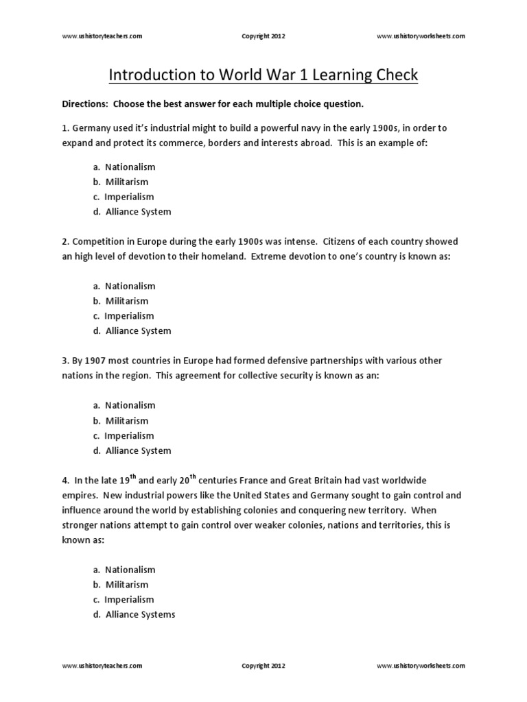 Introduction To World War 1 Learning Check Quiz PDF | PDF | World War I ...