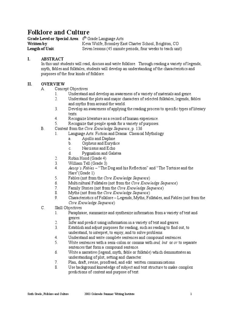 Folklore and Culture: Grade Level or Special Area: 6 Written By: Length ...
