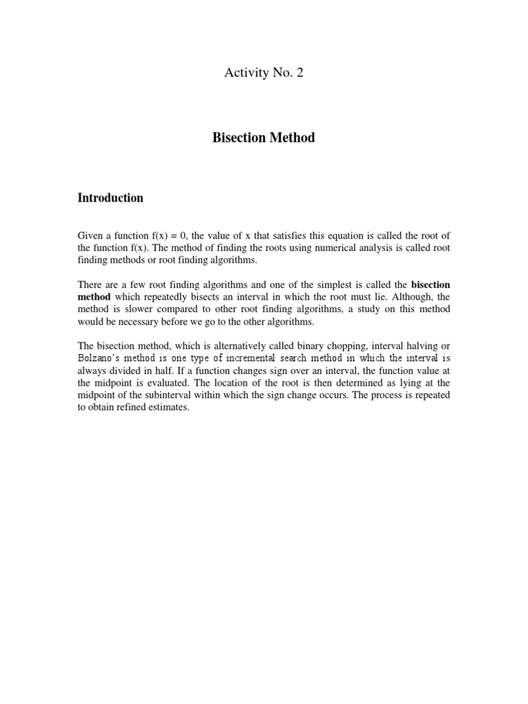 Bisection Method: Activity No. 2 | PDF | Numerical Analysis | Analysis