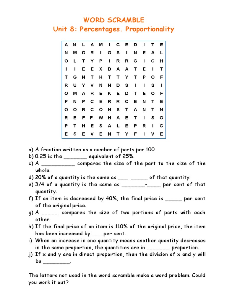 Word Scramble: Percentages & Proportions | PDF