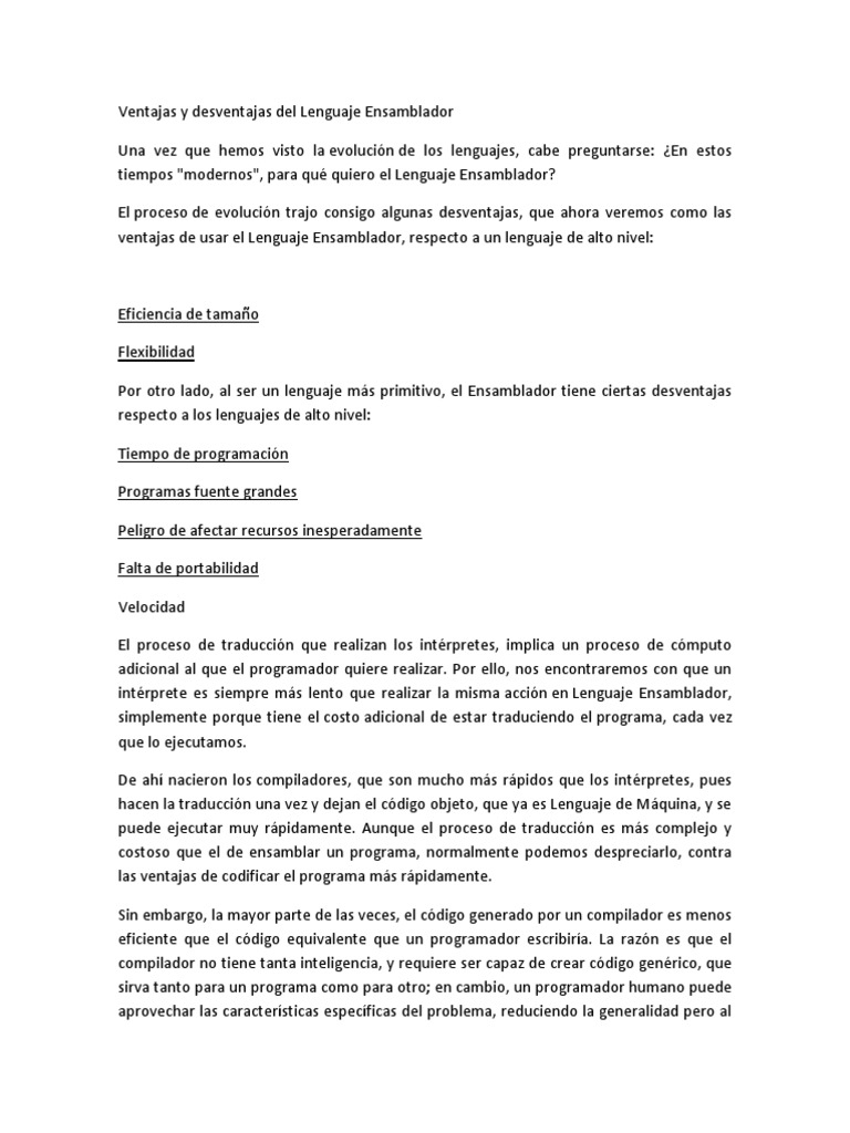 Ventajas y Desventajas Del Lenguaje Ensamblador | PDF | Lenguaje ensamblador | Programa de ...