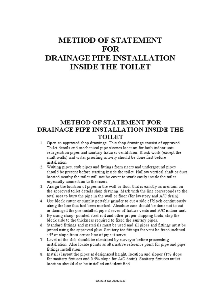 Drainage Pipe Installation Method Statement | PDF | Pipe (Fluid Conveyance) | Toilet