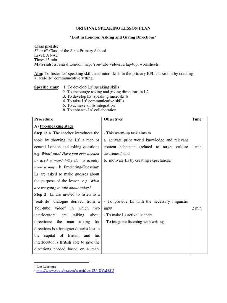 Speaking Lesson Plan: Directions in London | PDF