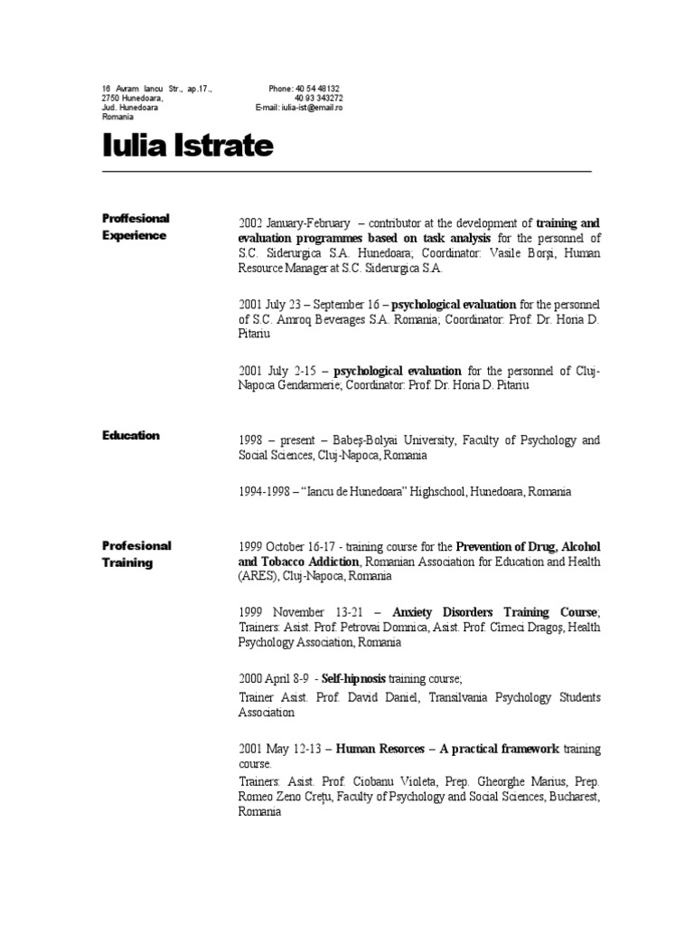 Iulia Istrate: Proffesional Experience | PDF | Academia | Psychiatry