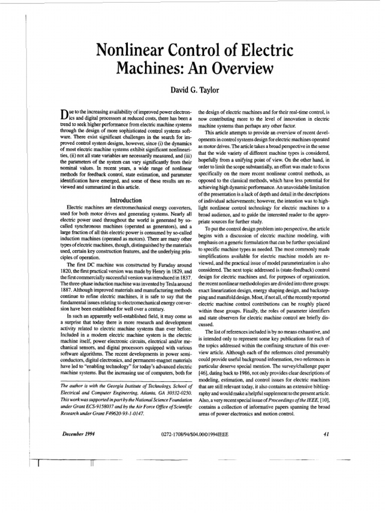 Nonlinear Control of Electric Machines - An Overview | PDF | Control ...
